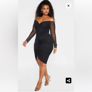 PrettyLittleThing | Dresses | Plt Plus Black Mesh Ruched Bardot Midi ...